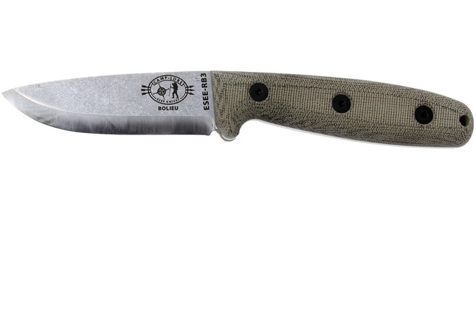 ESEE RB3 Bolieu Camp-Lore, scandi grind, leather sheath, Rueben Bolieu ...