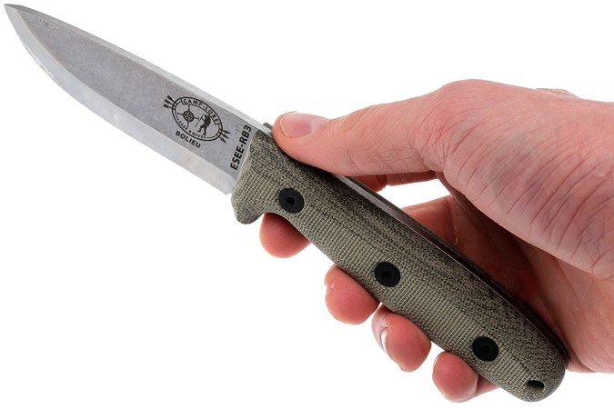 ESEE RB3 Bolieu Camp-Lore, scandi grind, leather sheath, Rueben Bolieu ...